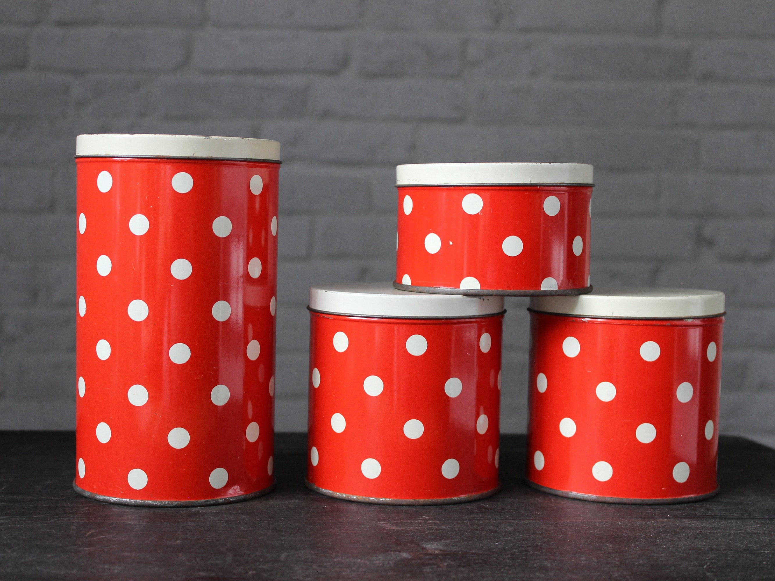 Red white polka dot kitchen canister set vintage Metal storage | Etsy