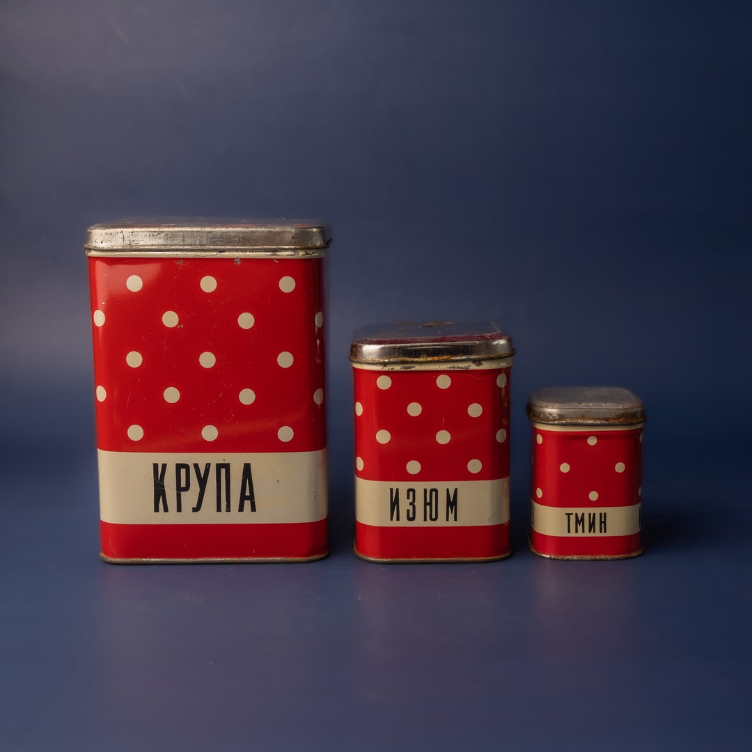 3x Metal Canister Set Storage Organization Kitchen Red White Polka Dot ...
