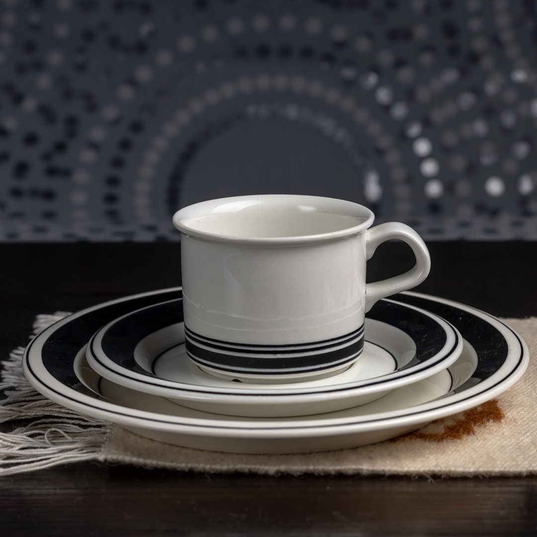 Arabia Finland Faenza Trio Coffee Cup Saucer and Plate Black White ...