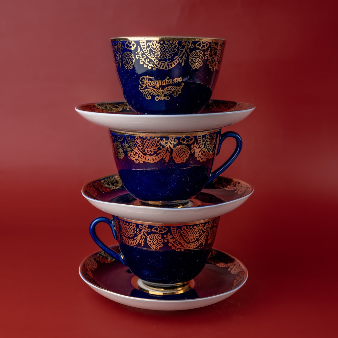 Cobalt Blue Tea Cup and Saucer Set Lomonosov Porcelain Cappuccino Mug ...