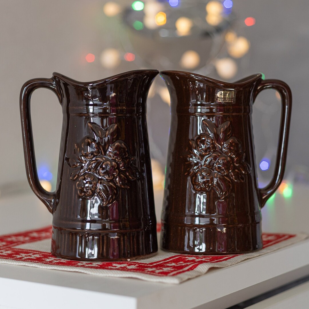 Pair of Swedish Ceramic Pitcher Vases Brown Pottery Rustic - Etsy