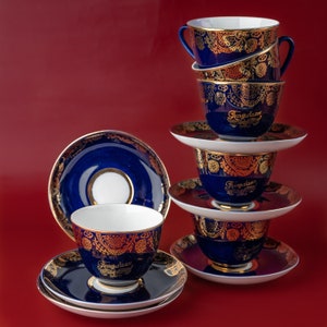 Cobalt Blue Tea Cup and Saucer Set Lomonosov Porcelain Cappuccino Mug ...