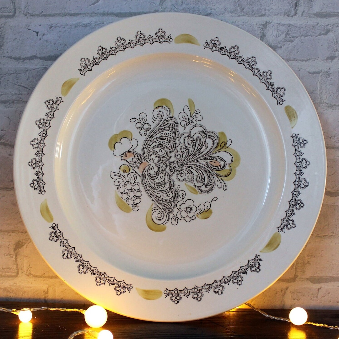Round Ceramic Platter Extra Large Serving Tray With Bird Giant Faience ...