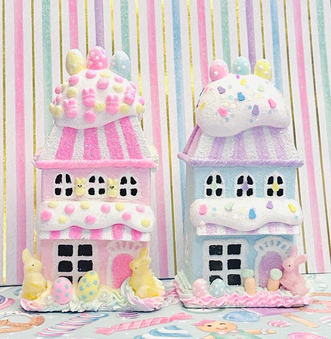 Easter Bunny Cottages Gingerbread Village Putz House Faux Frosting Eggs ...