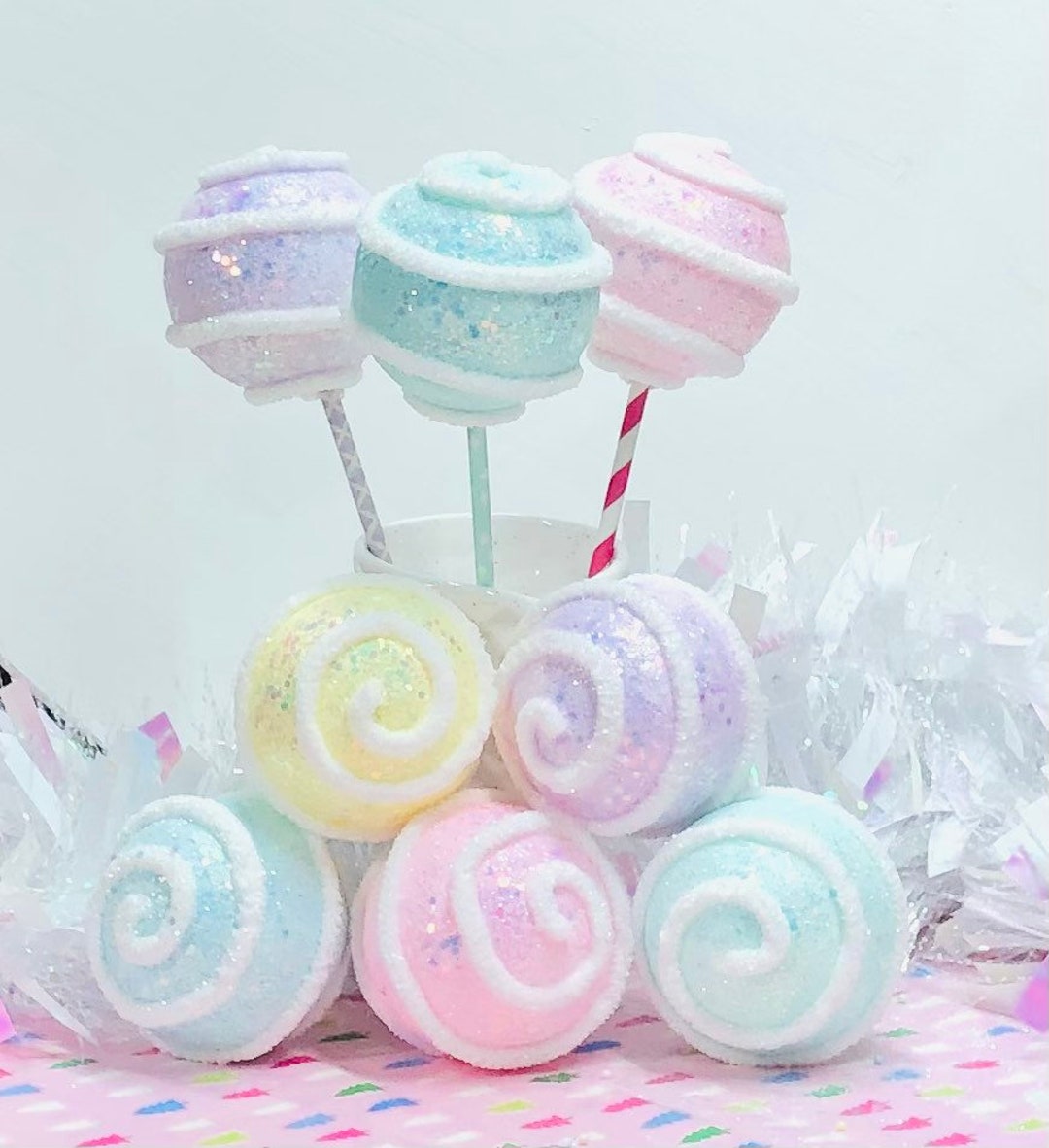 Faux Lollipop Swirl Candy Tree Pick Round Glitter Ball Pastel 10 Inch ...