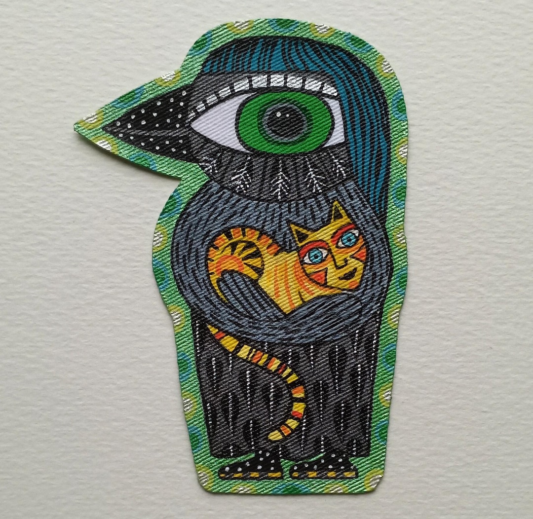 Hand-painted Patches for Clothing, Textile Patch, Crow Art, Red Striped ...
