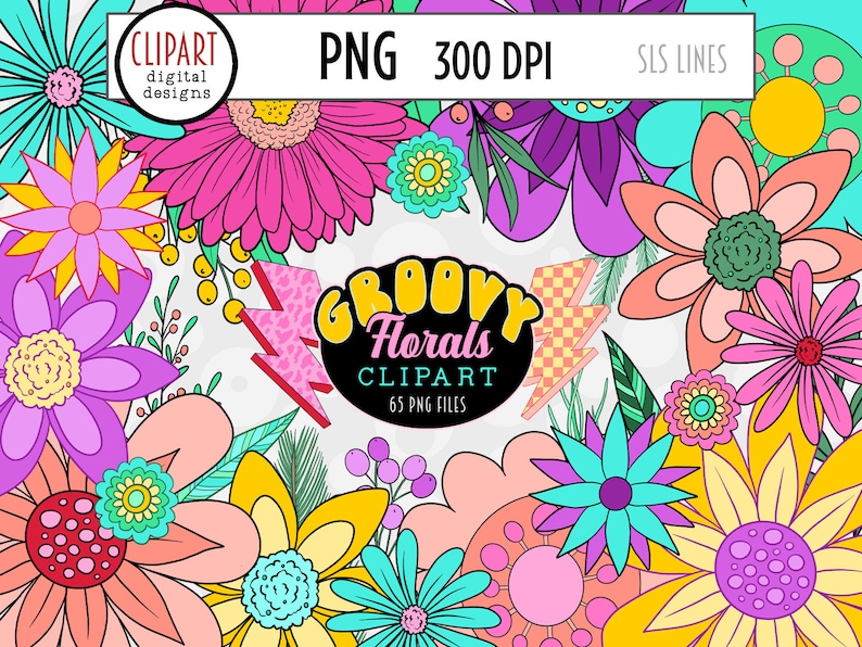 Retro Flower Clipart, Groovy Florals Png, Rainbow Flower Set, Boho ...