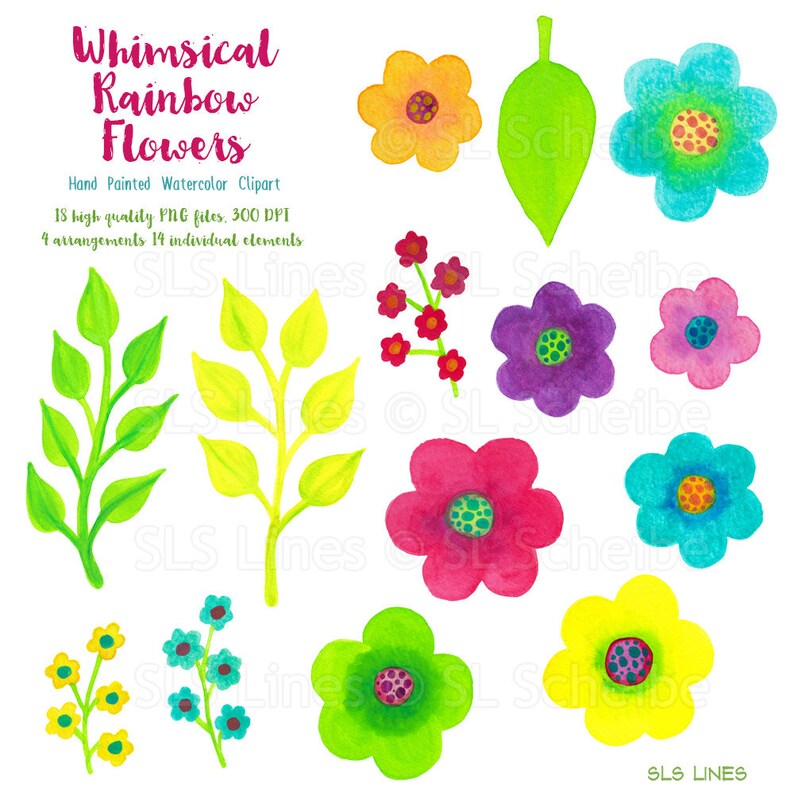Rainbow Flowers Clipart Watercolor Floral Graphics Colorful - Etsy