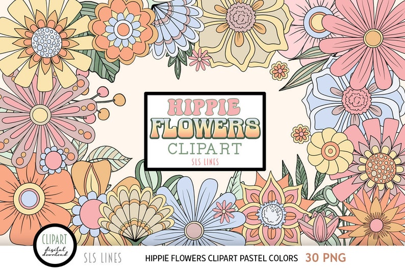 Hippie Flower Clipart, Boho Flowers PNG, Groovy 60s Flowers in Pastel ...