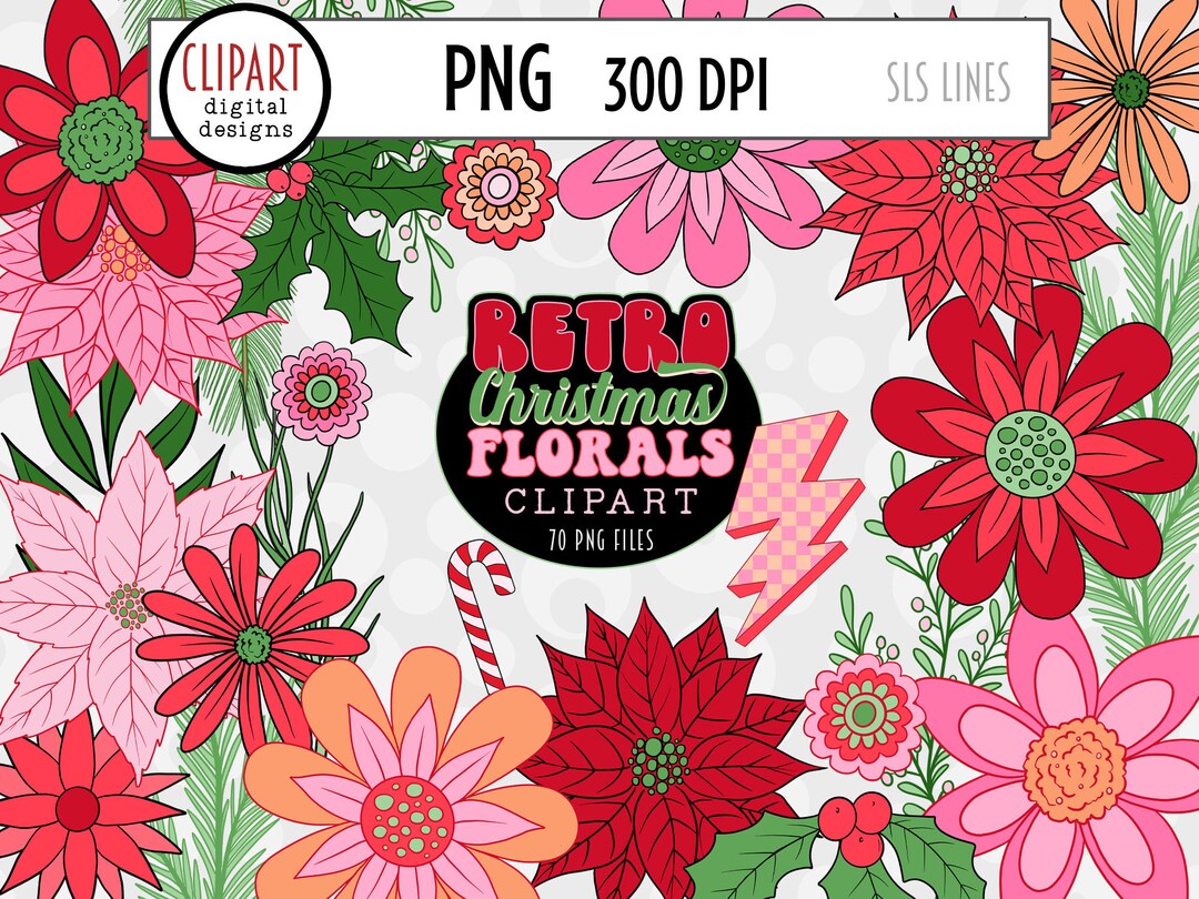 Retro Christmas Clipart, Hippie Flowers, Groovy Christmas, Poinsettia ...