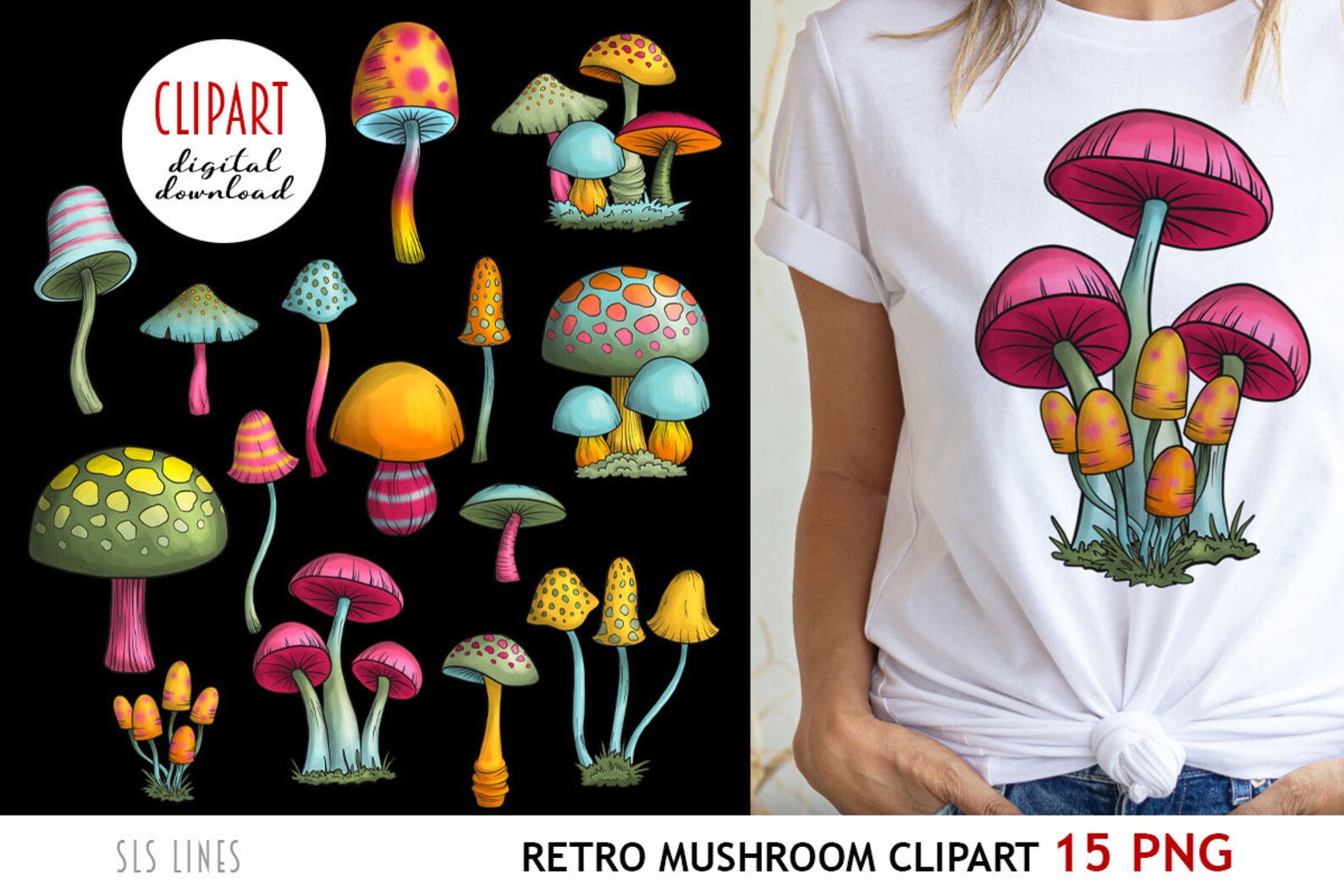 Retro Mushroom Clipart - Vintage Style Mushrooms PNG - Psychedelic ...
