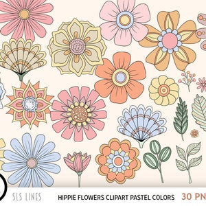 Hippie Flower Clipart, Boho Flowers PNG, Groovy 60s Flowers in Pastel ...