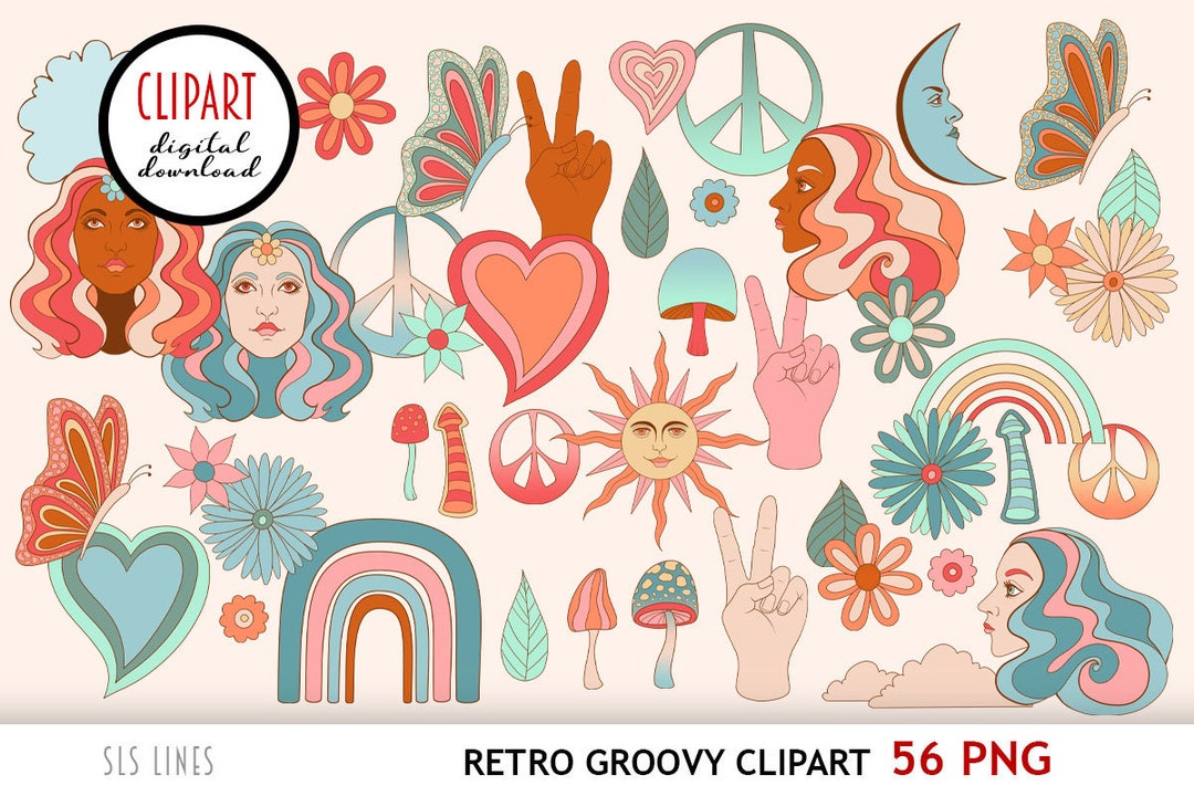Retro Groovy Clipart, Hippie Psychedelic Illustrations, PNG Files - Etsy