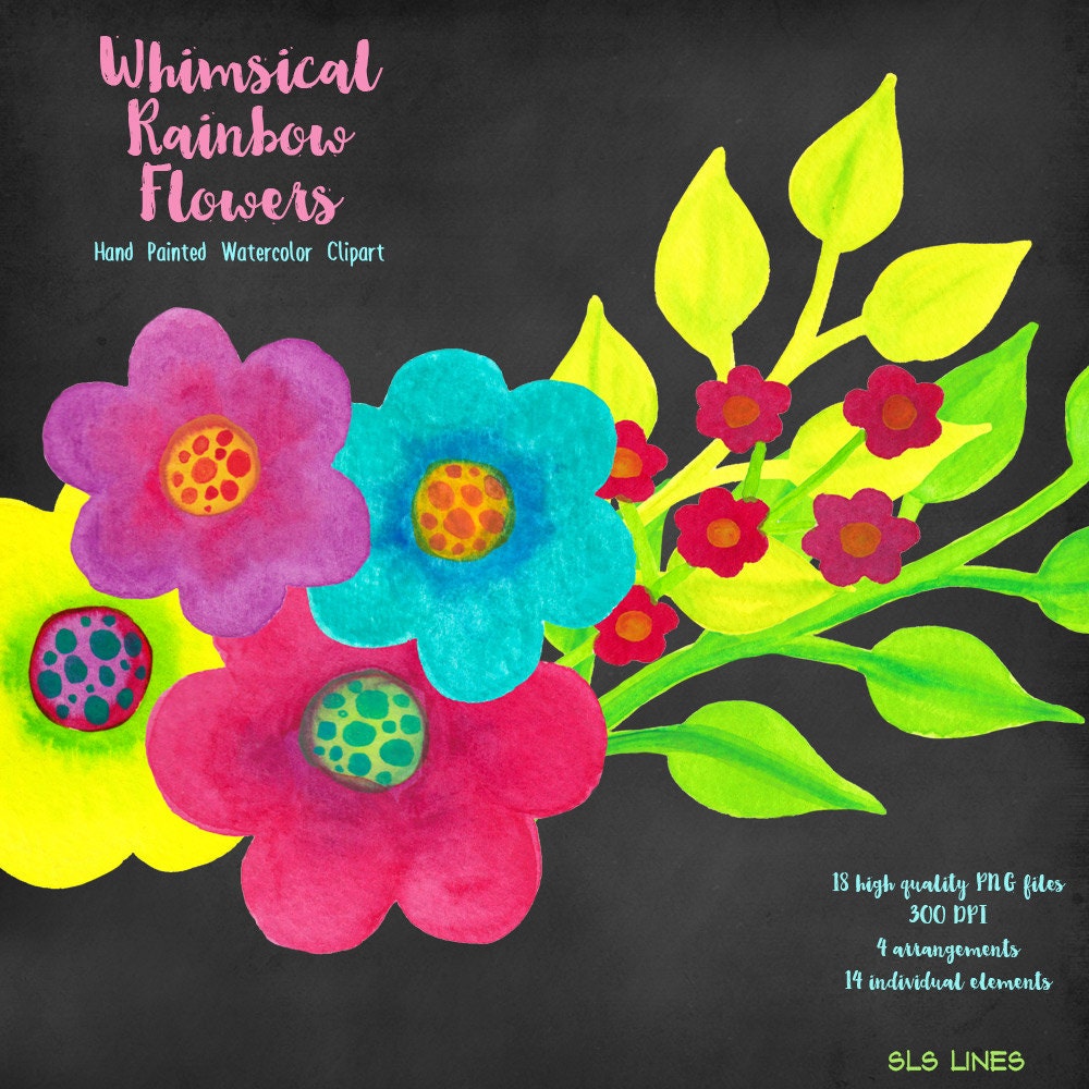 Rainbow Flowers Clipart Watercolor Floral Graphics Colorful | Etsy