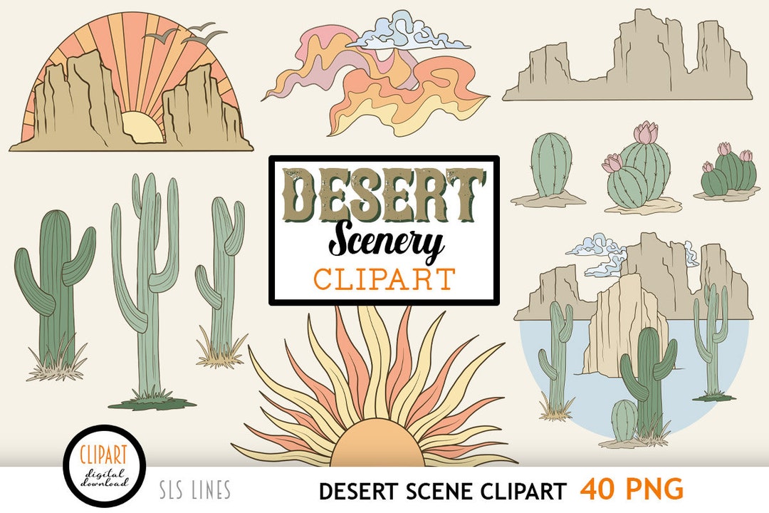 Desert Scenery Clipart - Cactus, Cliffs & Sunshine PNG Files - Etsy