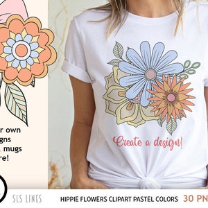Hippie Flower Clipart, Boho Flowers PNG, Groovy 60s Flowers in Pastel ...