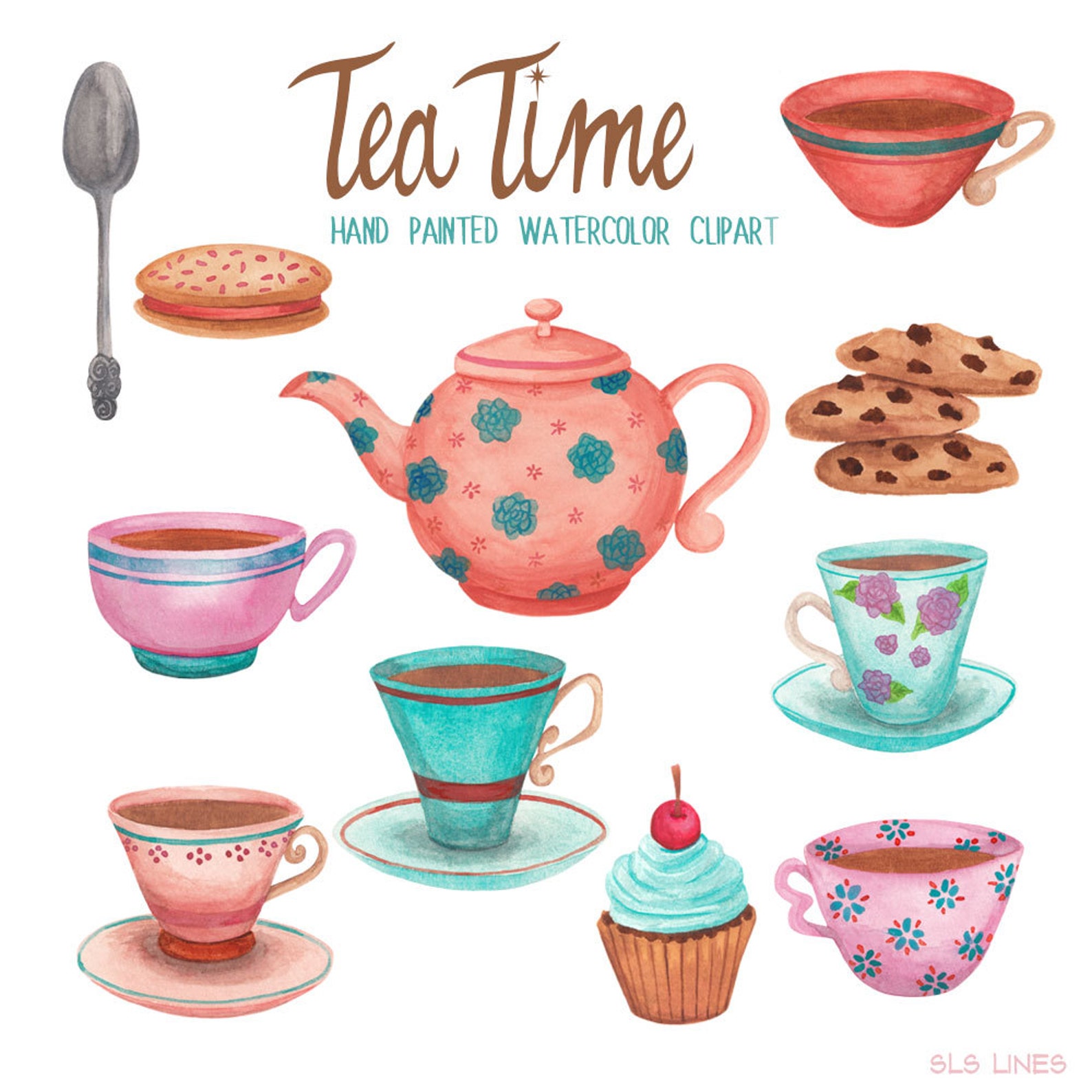 Teetasse Aquarell Clipart Tea Time Grafik Tee und Cupcakes - Etsy.de