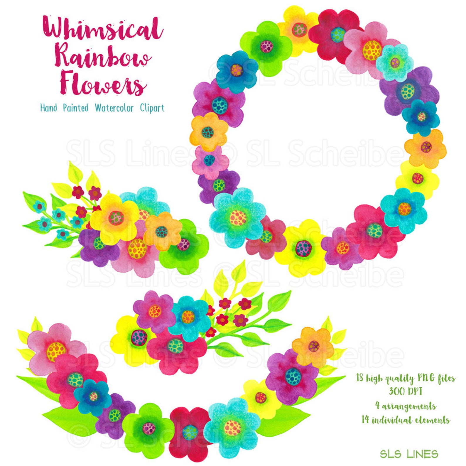 Rainbow Flowers Clipart Watercolor Floral Graphics Colorful - Etsy