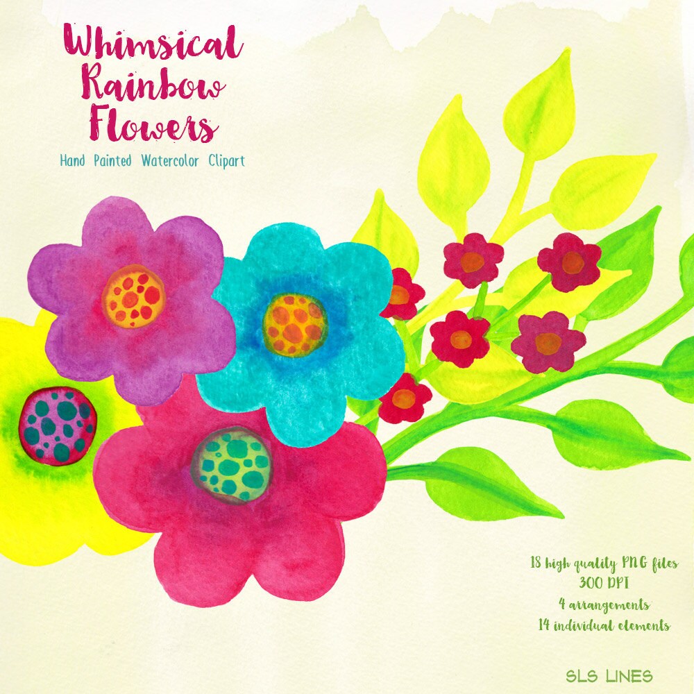 Rainbow Flowers Clipart Watercolor Floral Graphics Colorful | Etsy