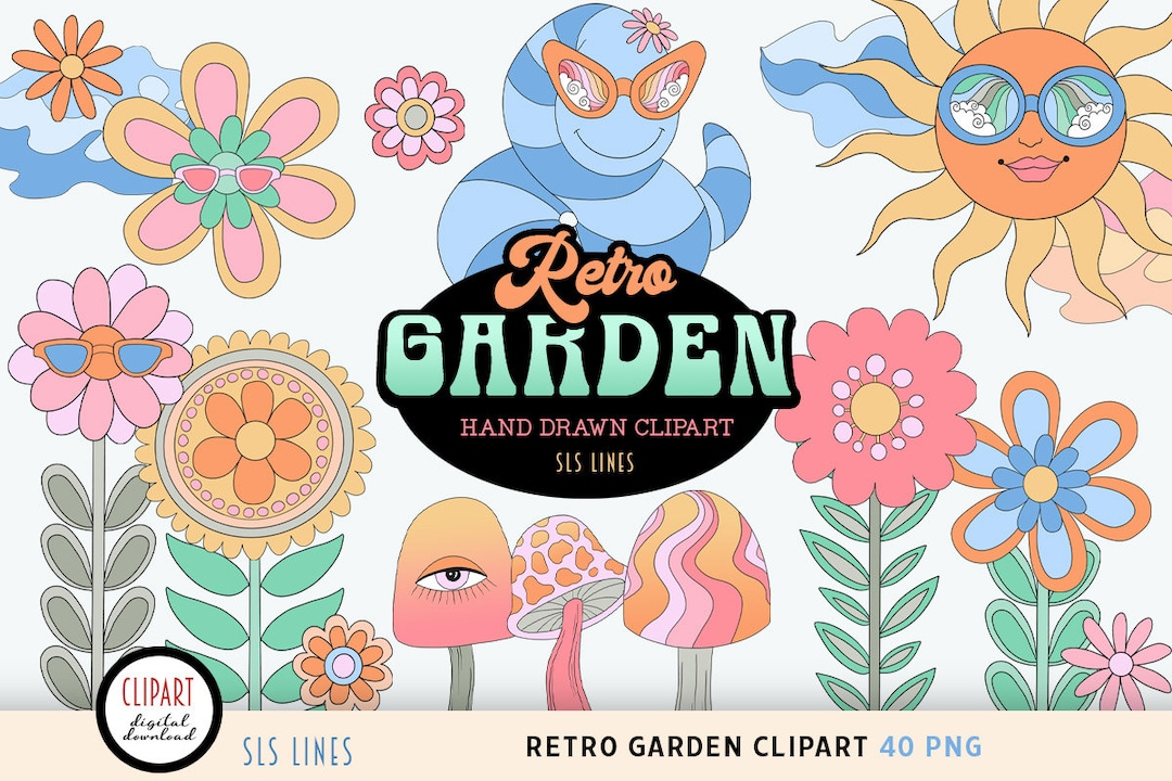 Retro Garden Clipart, Hippie Flower Clipart, Boho Flowers PNG, Groovy ...