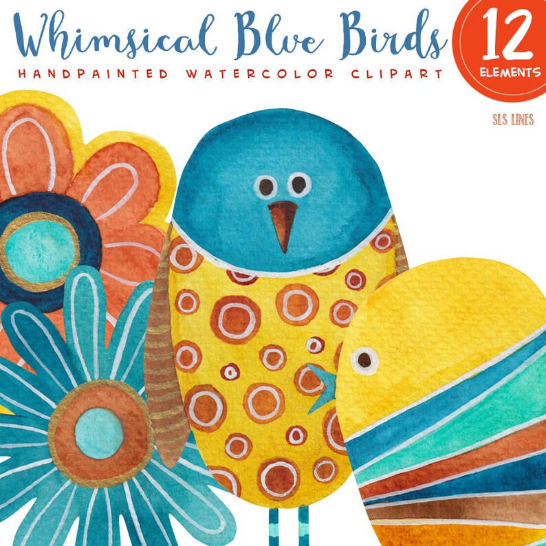 Whimsical Blue Birds Watercolor Clipart Folk Art Bird | Etsy