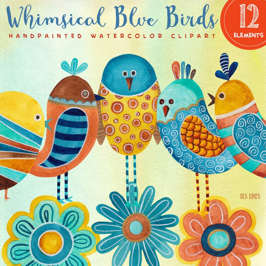 Whimsical Blue Birds Watercolor Clipart Folk Art Bird | Etsy