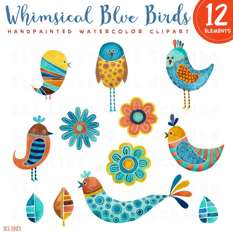Whimsical Blue Birds Watercolor Clipart Folk Art Bird | Etsy