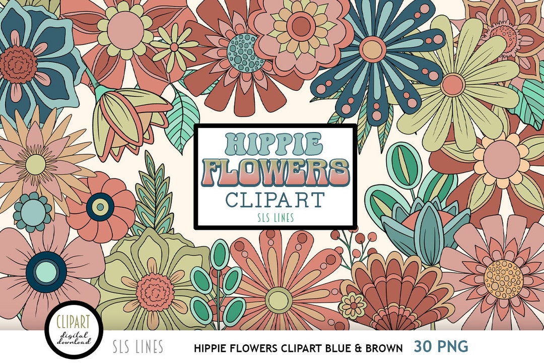 Hippie Flower Clipart, Boho Flowers PNG, Groovy 60s Flowers in Blue ...