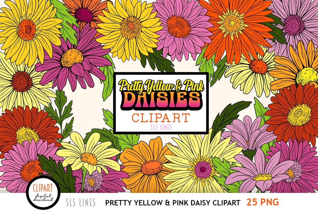 Retro Daisy Clipart, Hippie Clipart, Boho Flowers PNG, Groovy Flowers ...