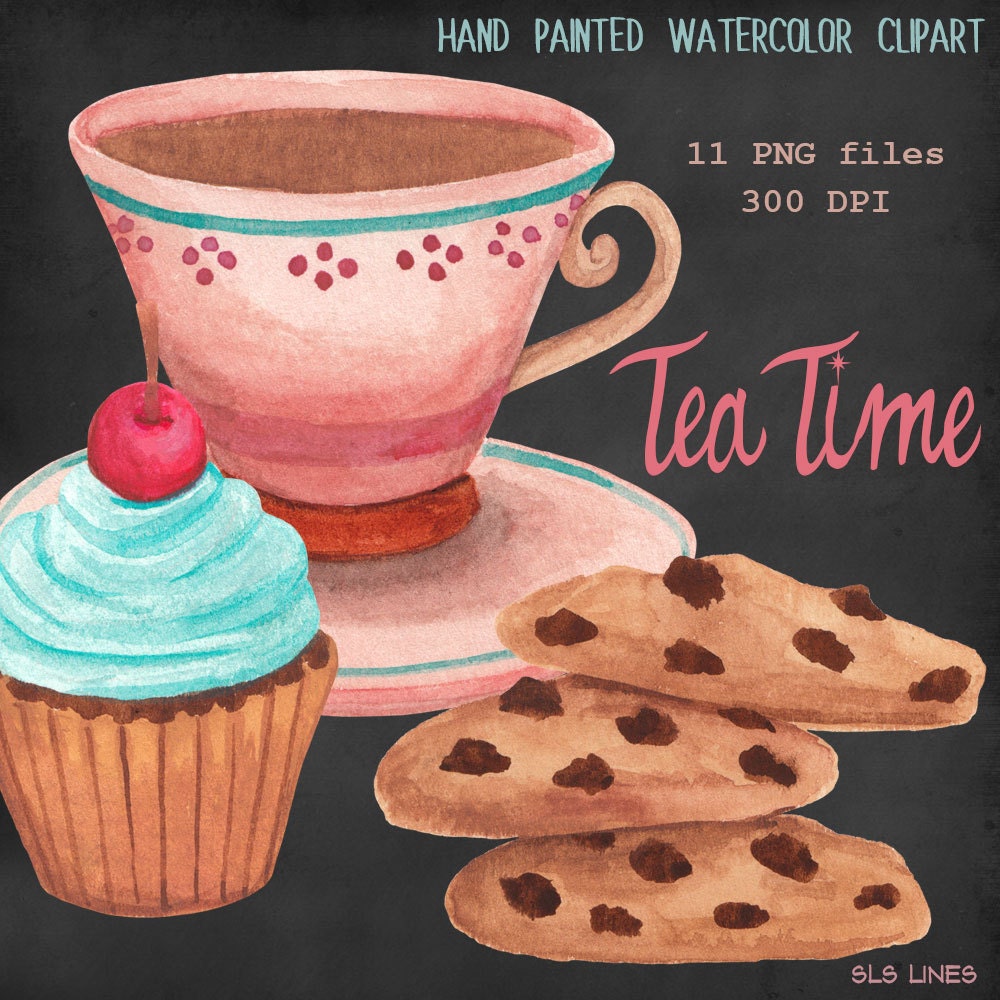 Teetasse Aquarell Clipart Tea Time Grafik Tee und Cupcakes | Etsy