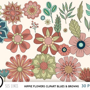 Hippie Flower Clipart, Boho Flowers PNG, Groovy 60s Flowers in Blue ...