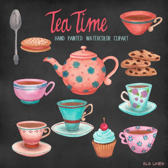 Teetasse Aquarell Clipart Tea Time Grafik Tee und Cupcakes | Etsy
