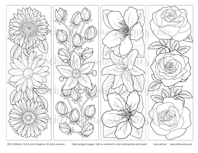 Downloadable PDF bookmark coloring with flower design | Etsy
