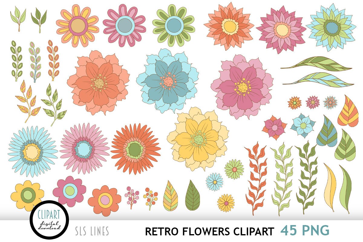 Retro Flowers Clipart Hippie Pop Art Floral Illustrations - Etsy