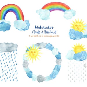 Clouds and Rainbows Watercolor Clipart Weather Graphics - Etsy Canada