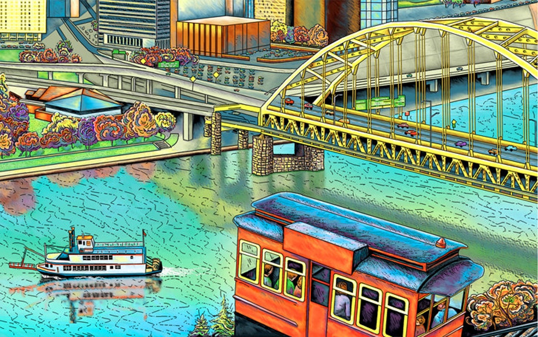 Pittsburgh Landscape Incline Print in 3 Sizes, River Boat, Monongahelia ...