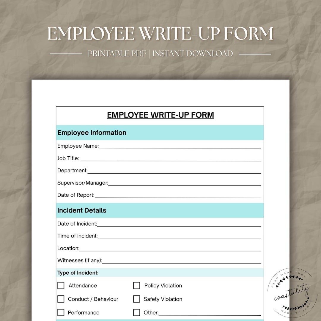 Employee Write-up Form Template (printable PDF) - Etsy
