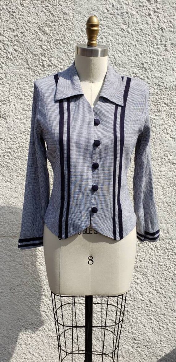 80s blue houndstooth jacket, vintage open front gingh… - Gem