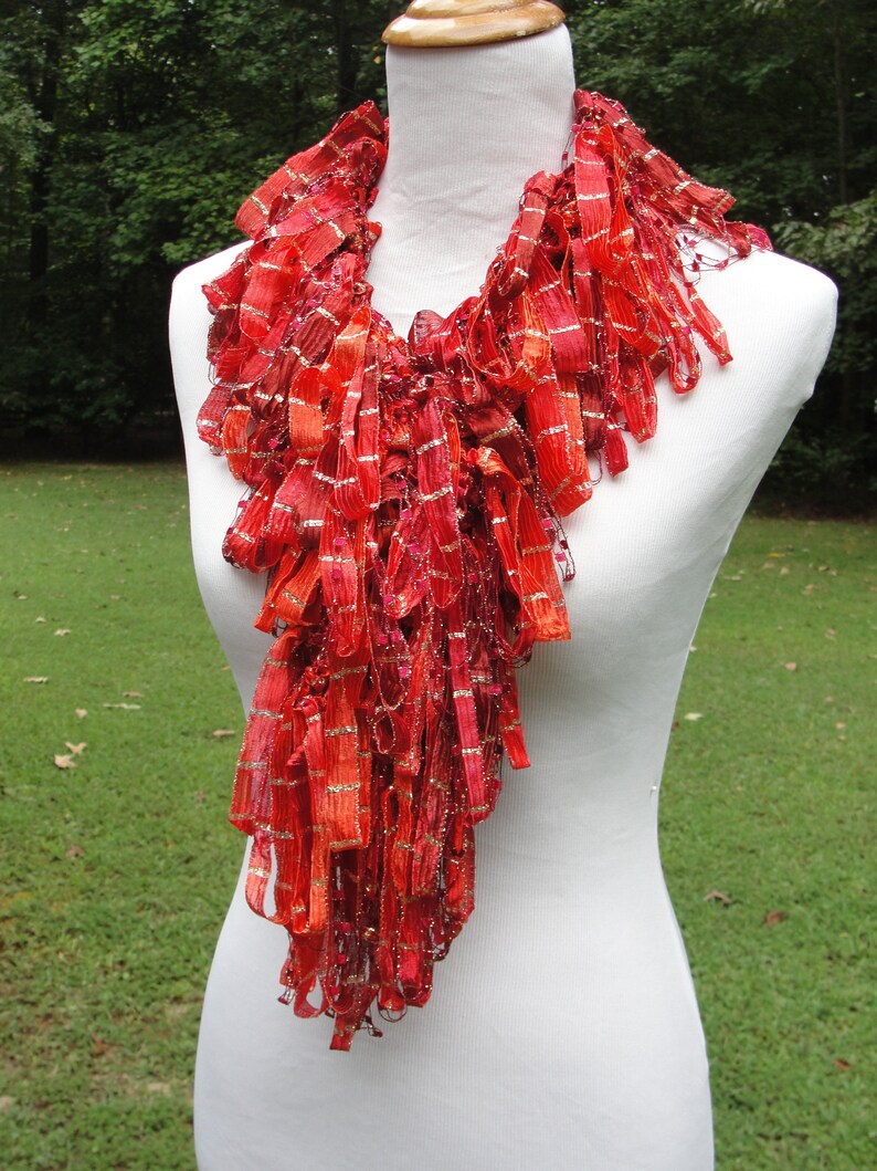Versatile Hand Knit Fashion Scarf in Vibrant Shades of Red With Gold ...