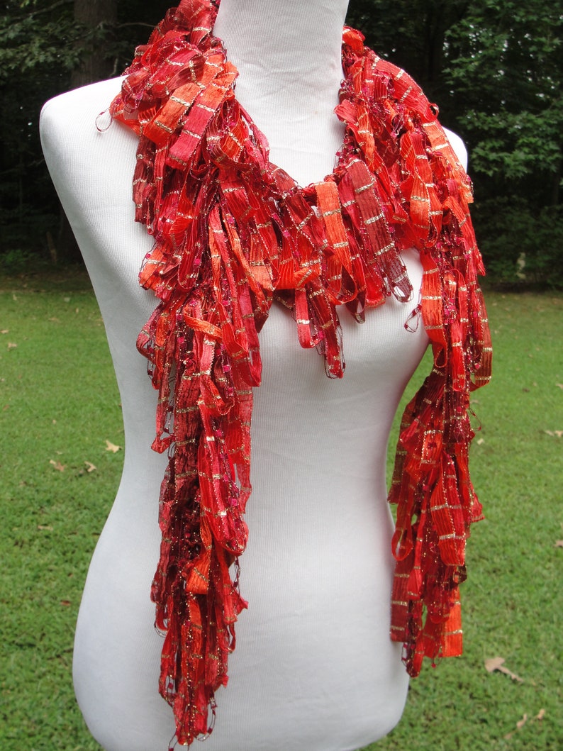 Versatile Hand Knit Fashion Scarf in Vibrant Shades of Red With Gold ...