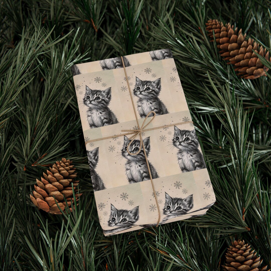 Cat Themed Wrapping Paper, Cute Kitten Snowflakes Gift Wrap, Holiday ...