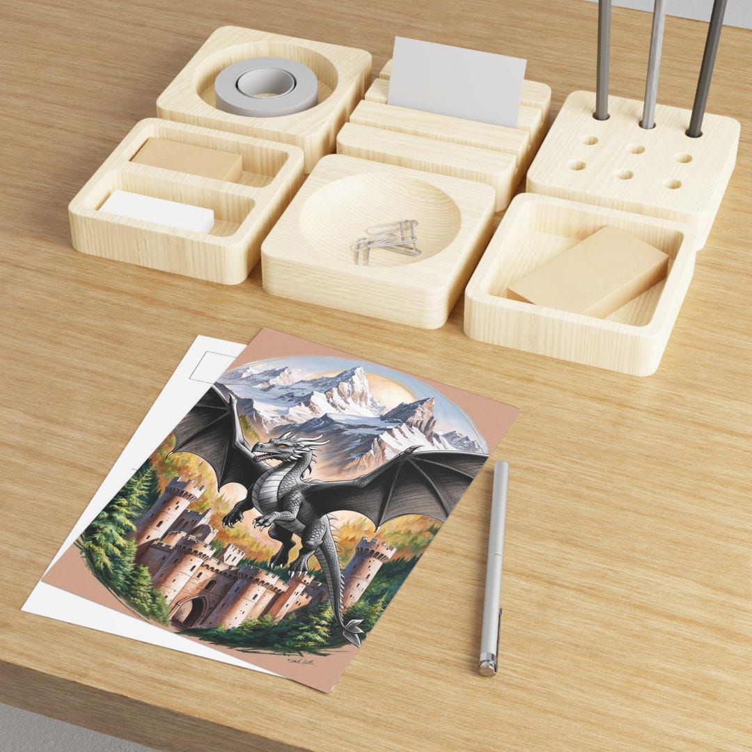 Postcards, High Fantasy Medieval Grey Dragon and Castle Art Print, Set ...