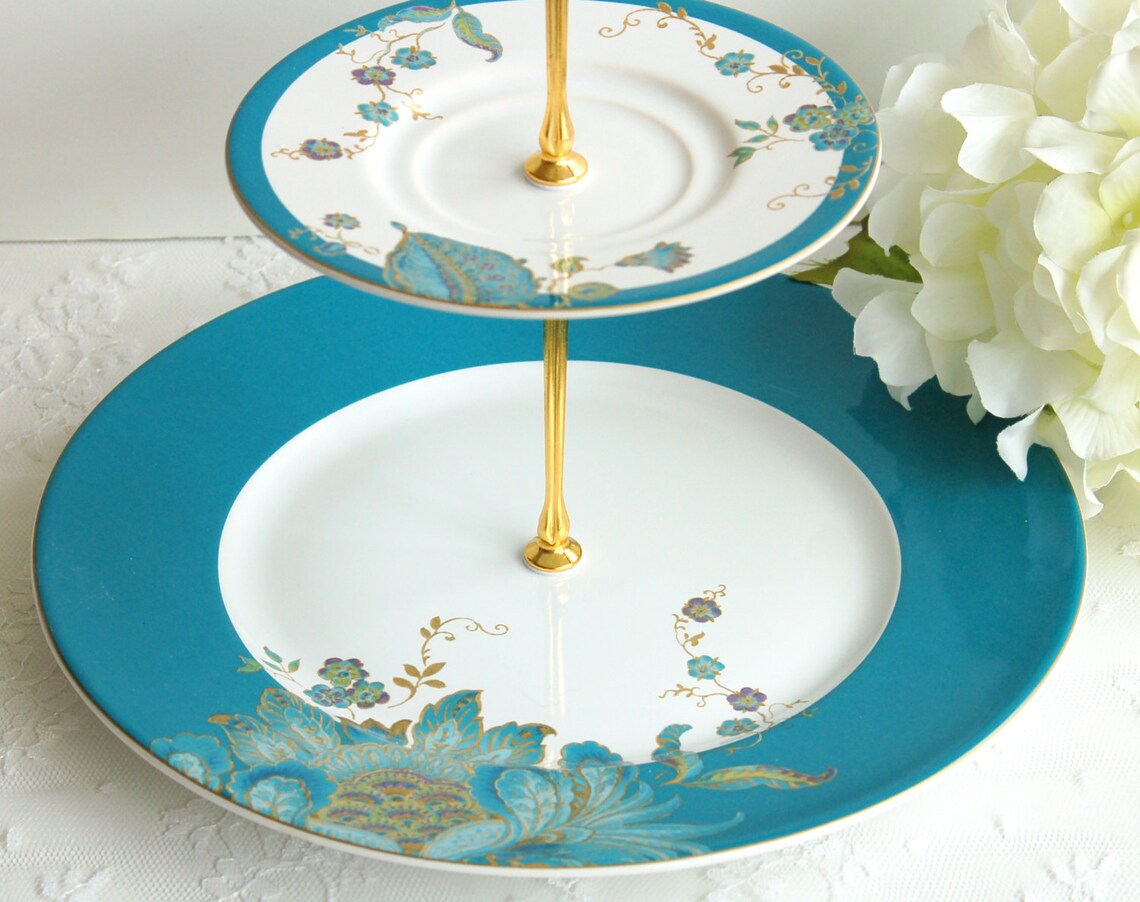 Lovely 3 Tier Cake/cupcake Stand. Blue Turquoise Peacock Pattern Tiered ...