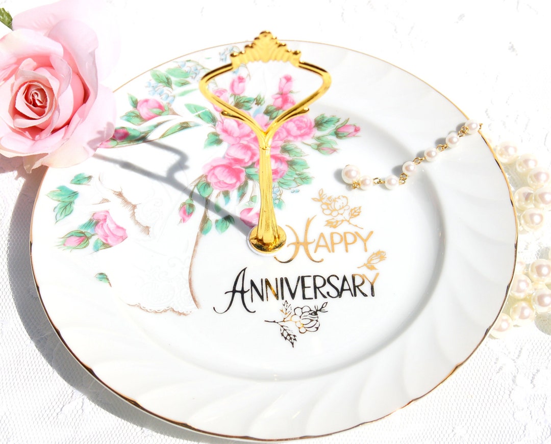 Vintage Happy Anniversary Single Tiered Stand. Shabby Pink Roses ...