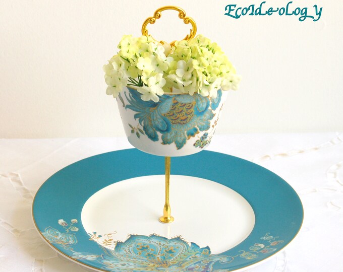 Lovely 2 Tier Cake/cupcake Stand.blue Turquoise Peacock Pattern Tiered ...