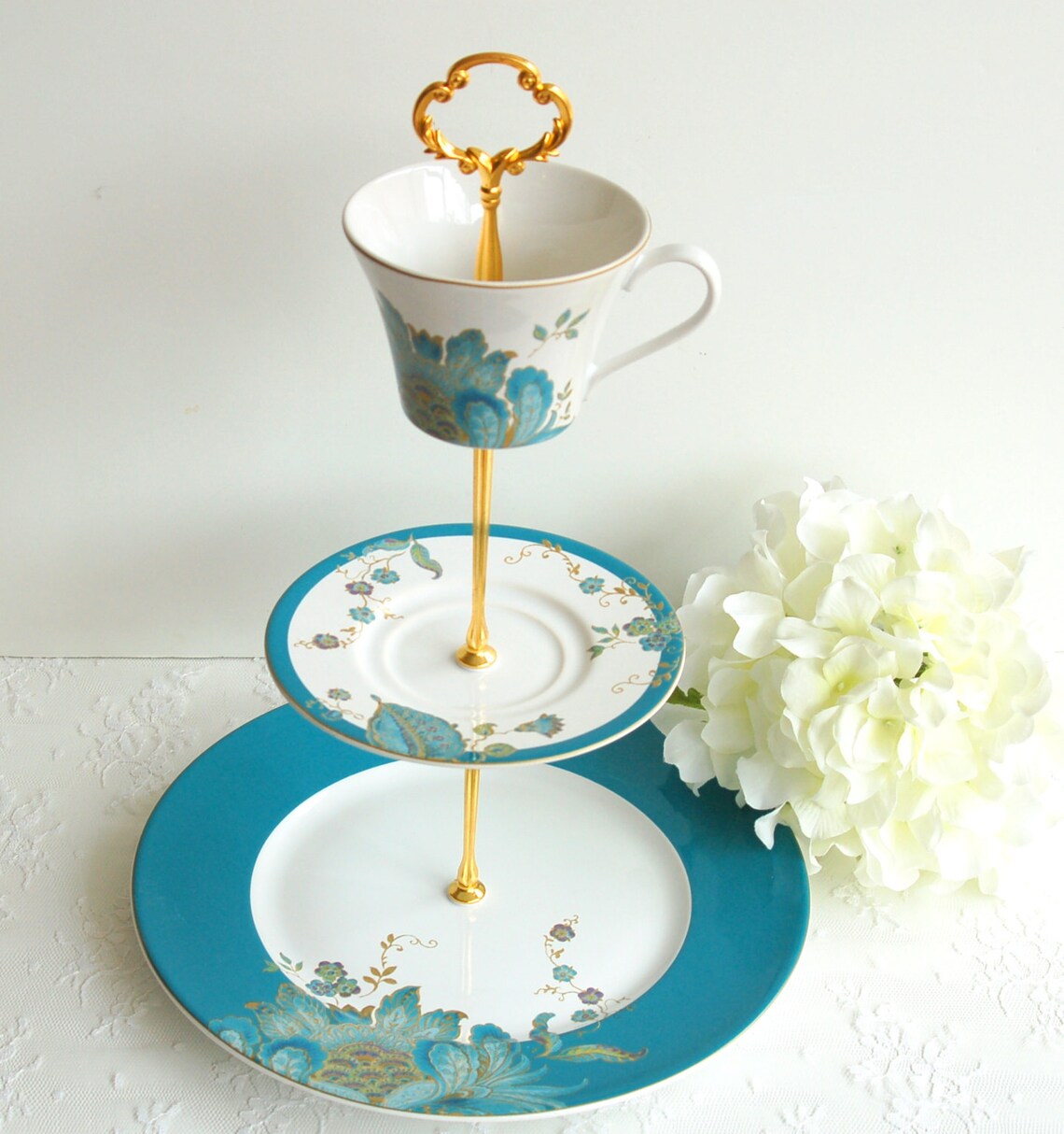 Lovely 3 Tier Cake/cupcake Stand. Blue Turquoise Peacock Pattern Tiered ...