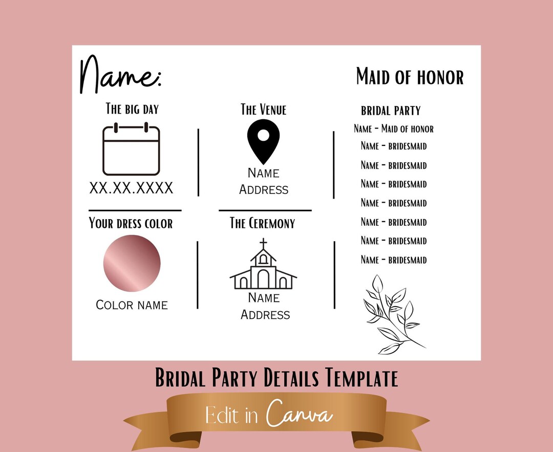 Bridal Party Details Card Template - Etsy