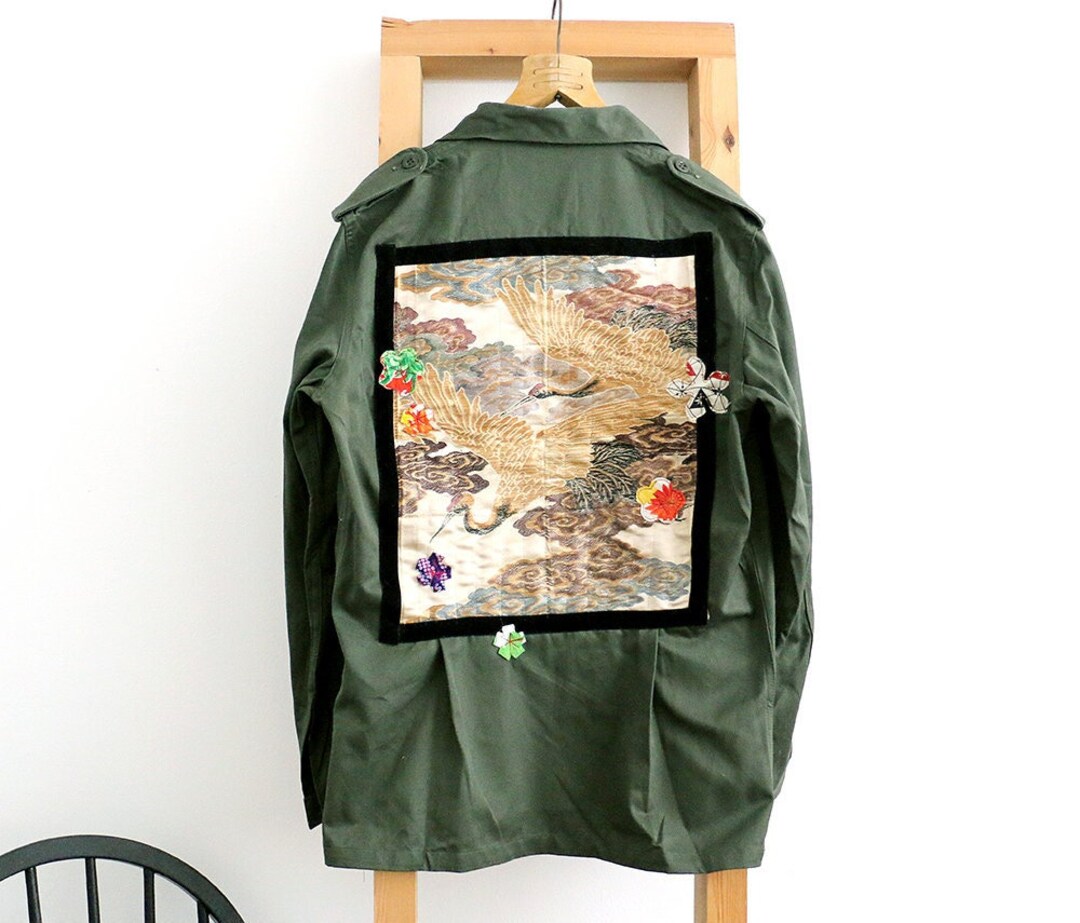 Customised Military Jacket With Vintage Japanese Obi, Bird Applique ...