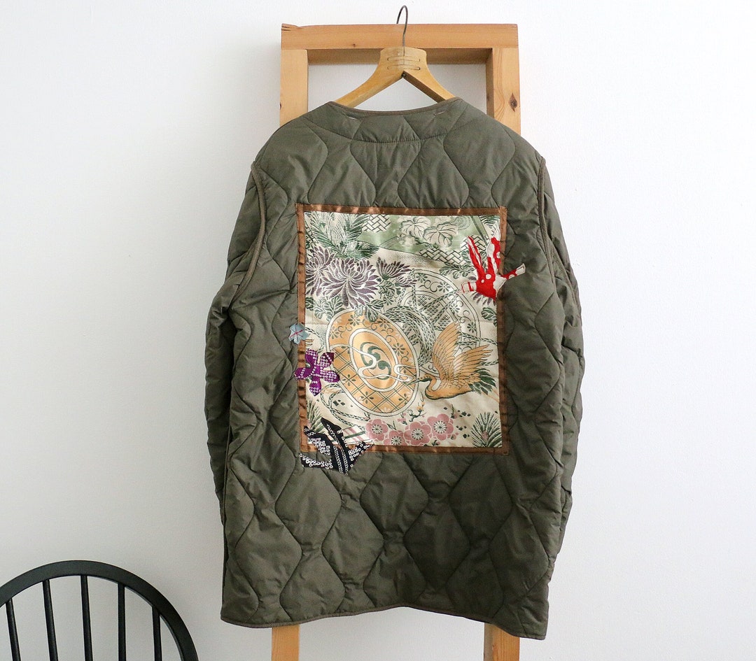Customised Light Puffer Lining Jacket With Japanese Obi, Bird Applique ...