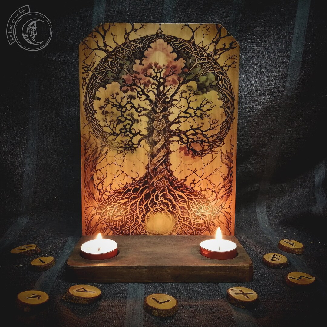 Yggdrasil Ritual Altar, Wooden Candle Holder, Gift, Norse Decor, Viking ...